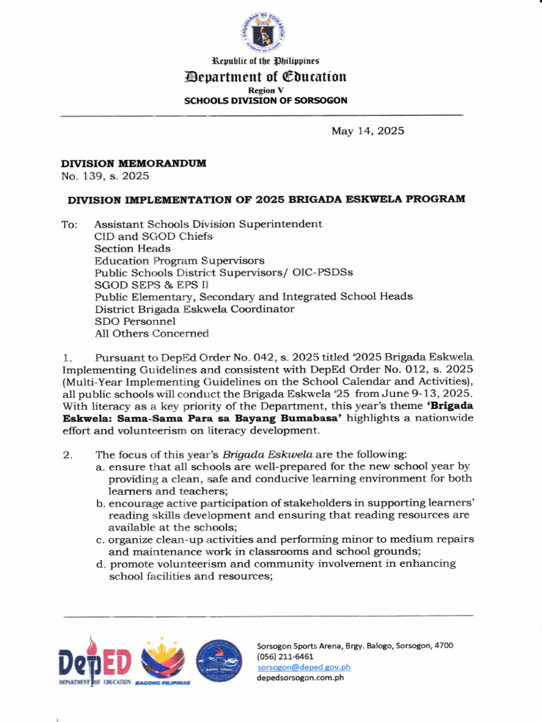 Division Memo. No. 139 S. 2025 Division Implementation of 2025 Brigada Eskwela Program | PDF