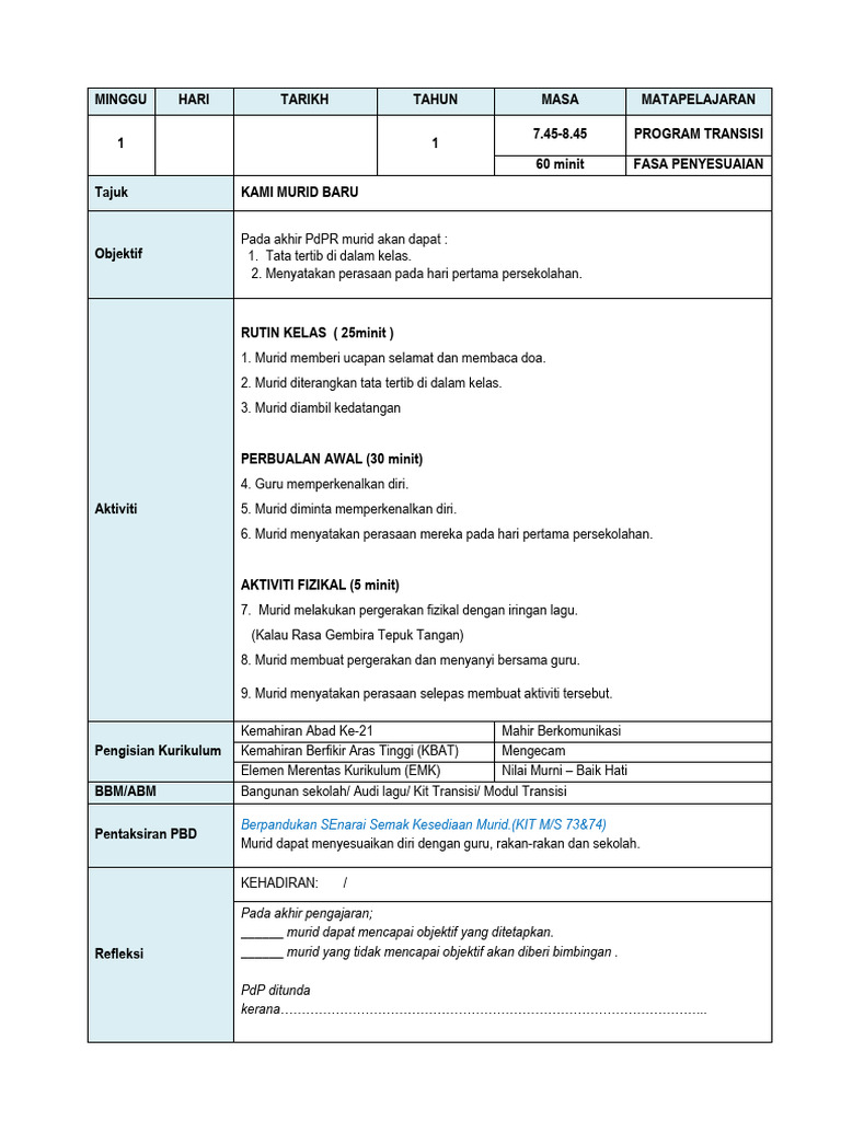 CONTOH RPH TRANSISI 2024_2025 | PDF