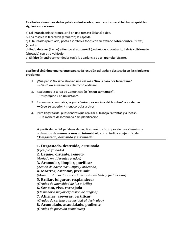 Escribe Los Sinónimos | PDF