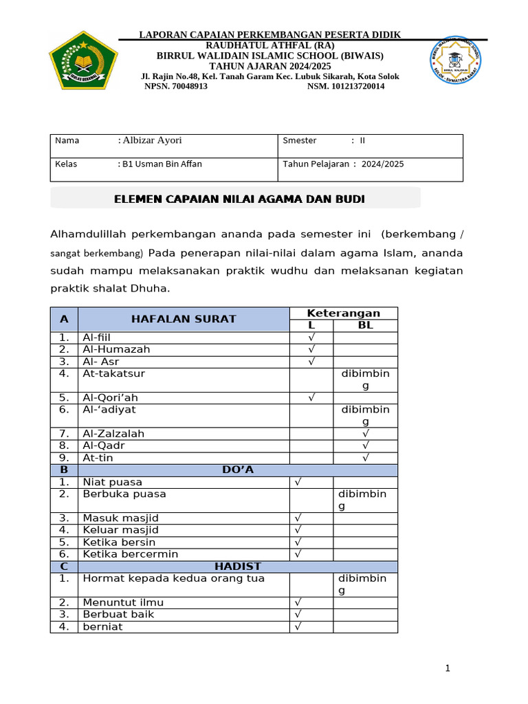 Contoh RAPORT PAUD | PDF