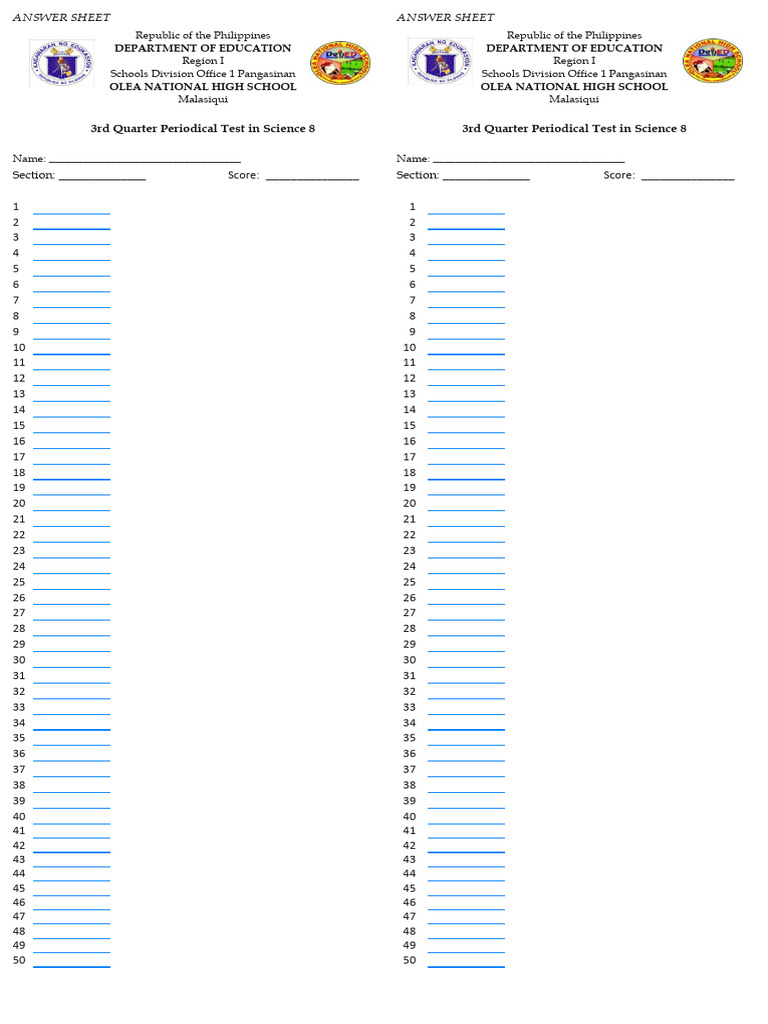 Science 8 Periodical Test Answer Sheet | PDF