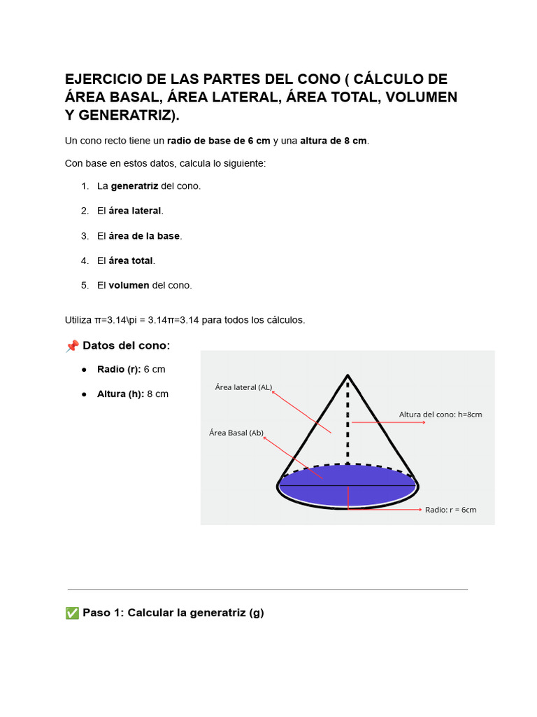 Ejercicio de Las Partes Del Cono (Cálculo de Área Basal, Área Lateral ...