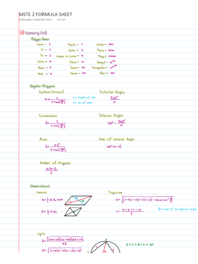 Mste 2 Formula Sheet | PDF