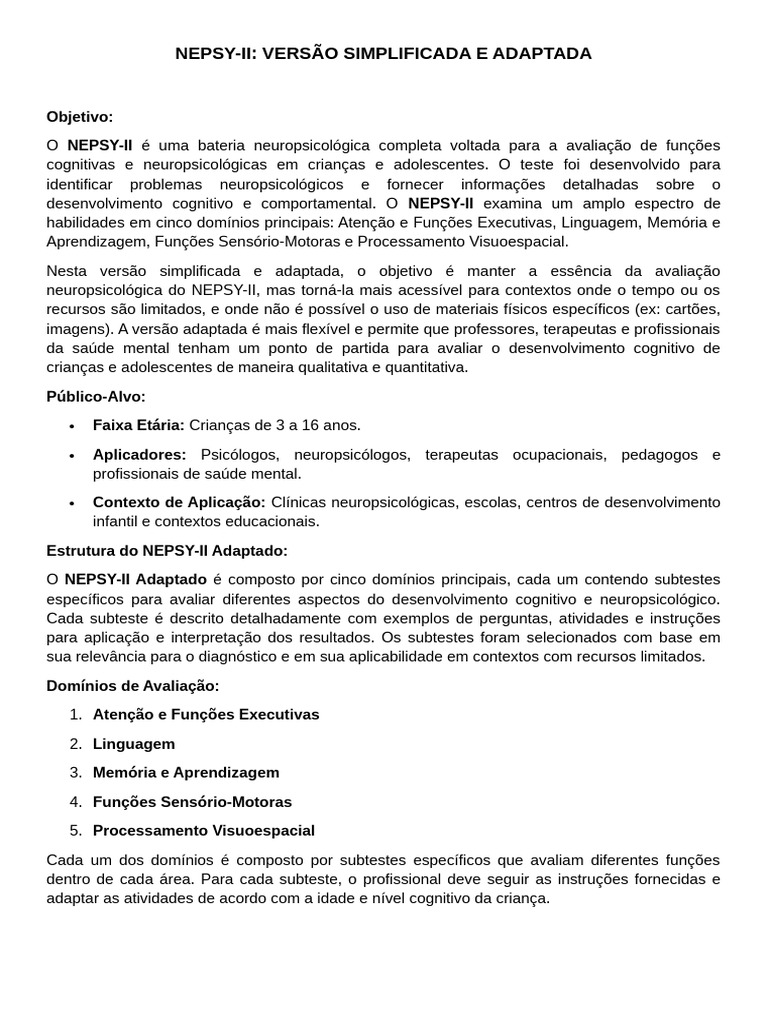 Avaliação Neuropsicológica NEPSY-II Adaptado | PDF | Neuropsicologia ...