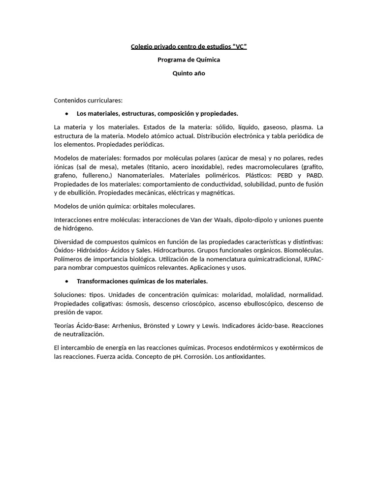 Programa Quimica 5to | PDF