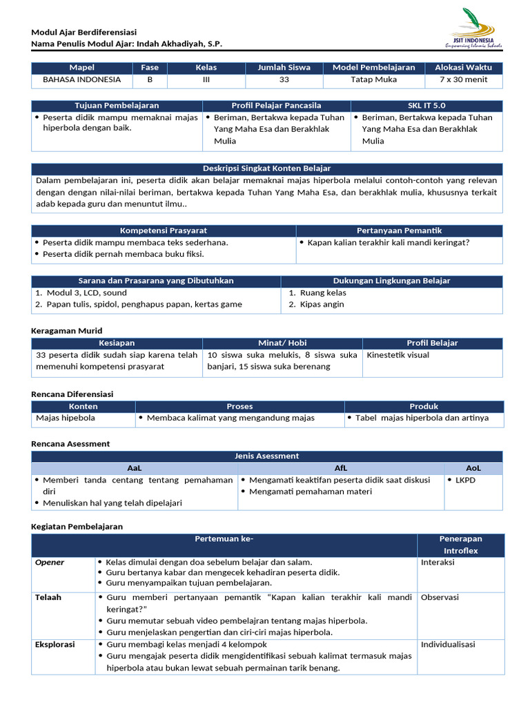 Modul Ajar Bindo TP 9 Genap Kelas 3 2425 | PDF