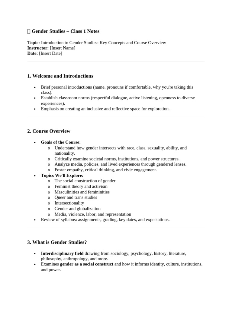 Gender Studies - Class 1 Notes | PDF | Gender | Gender Studies