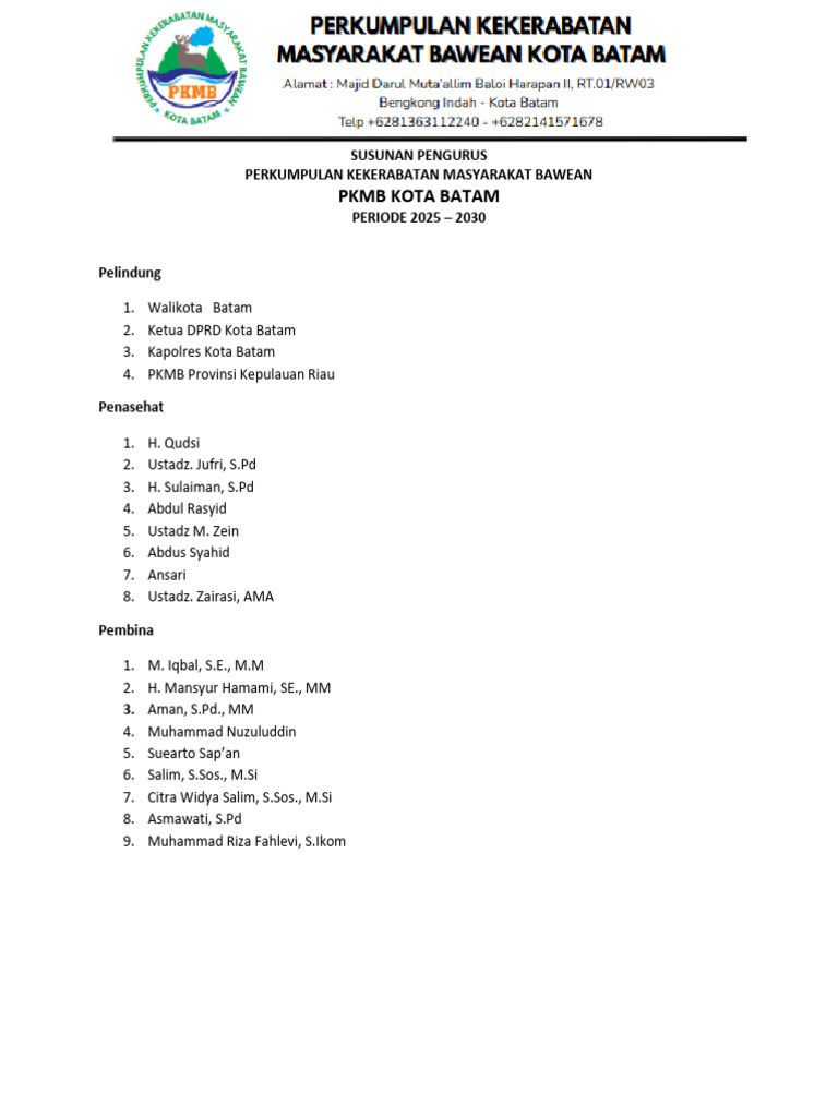 Susunan Pengurus PKMB Kota Batam | PDF