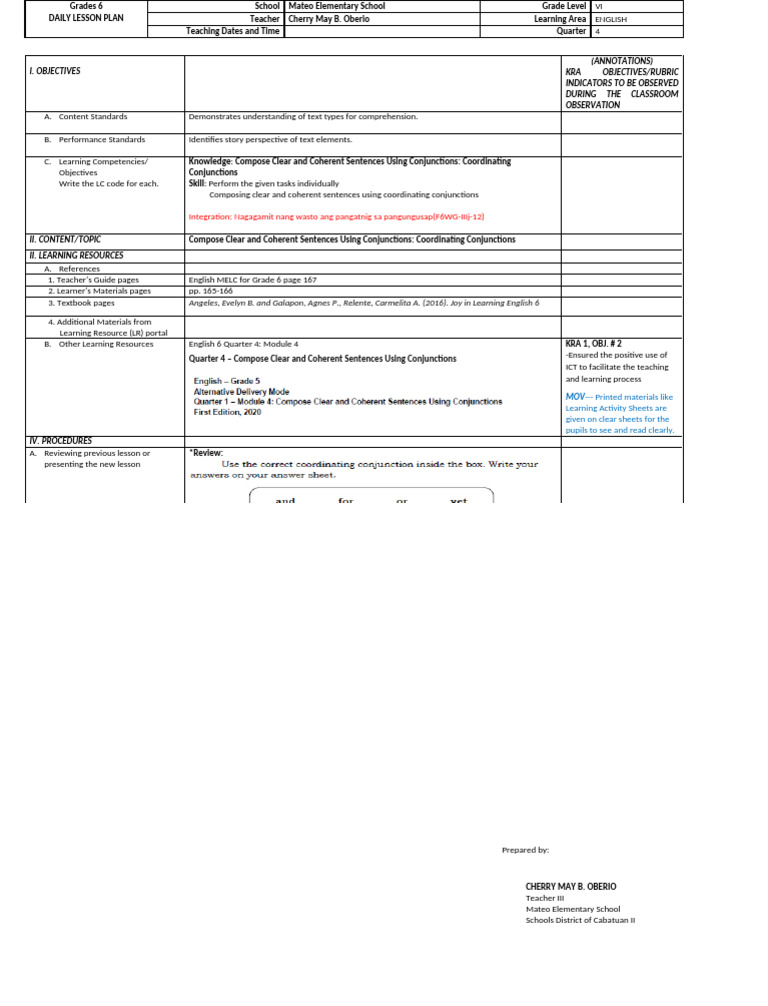 Cot 2 English 6 Q4 Compose Clear and Coherent Sentences Using Conjunctions | PDF | Learning ...