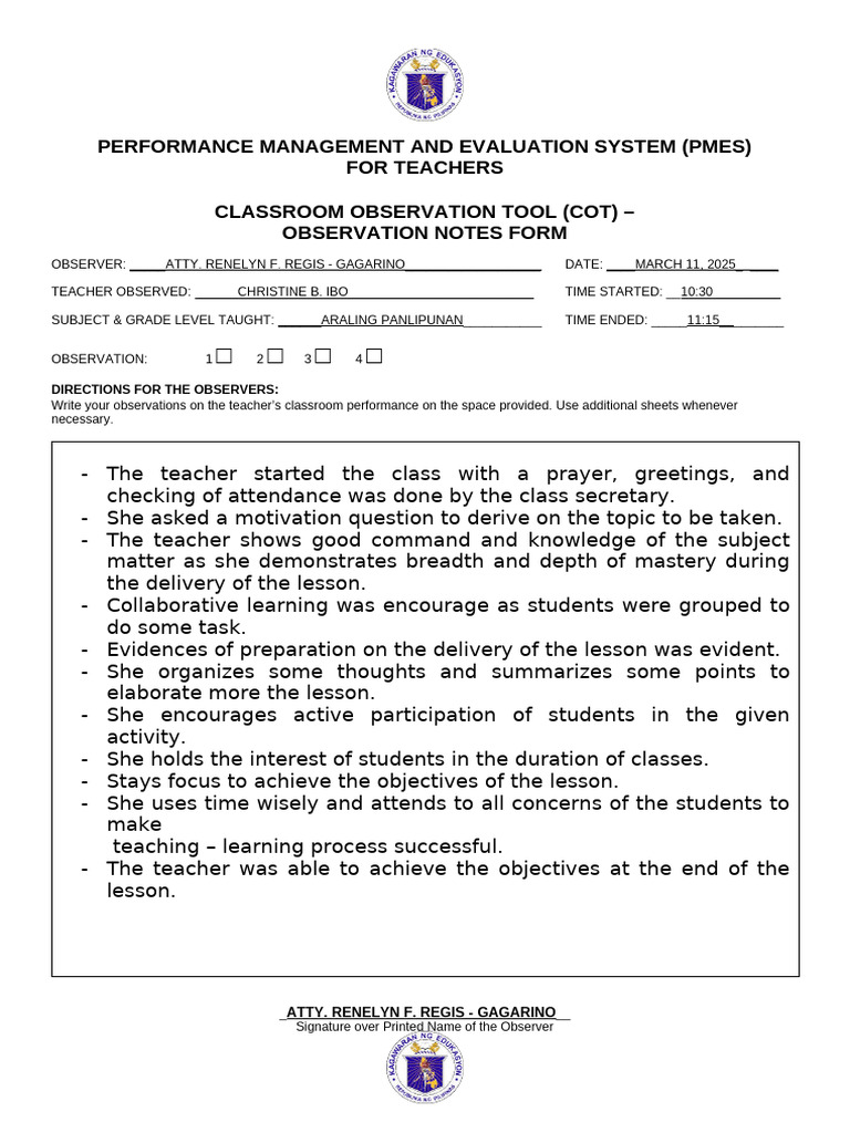 Classroom Observation Notes Sample | PDF | Teachers | Classroom