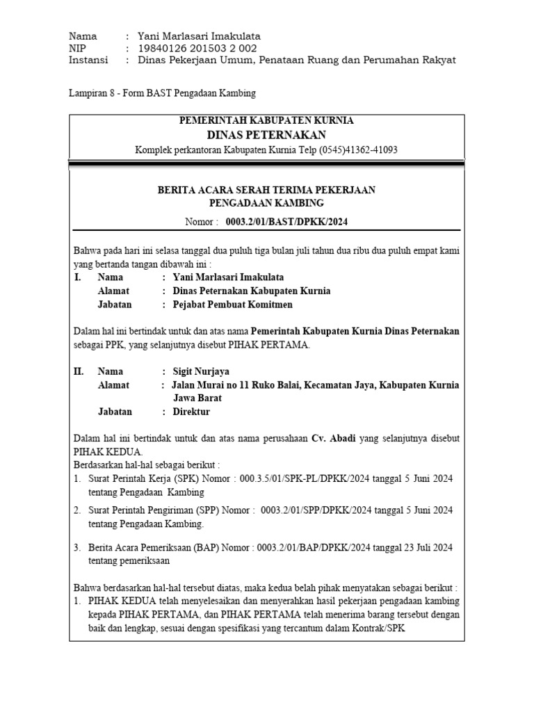 Yani Marlasari.I. - Lampiran 7 - Form BAST Pengadaan Kambing | PDF