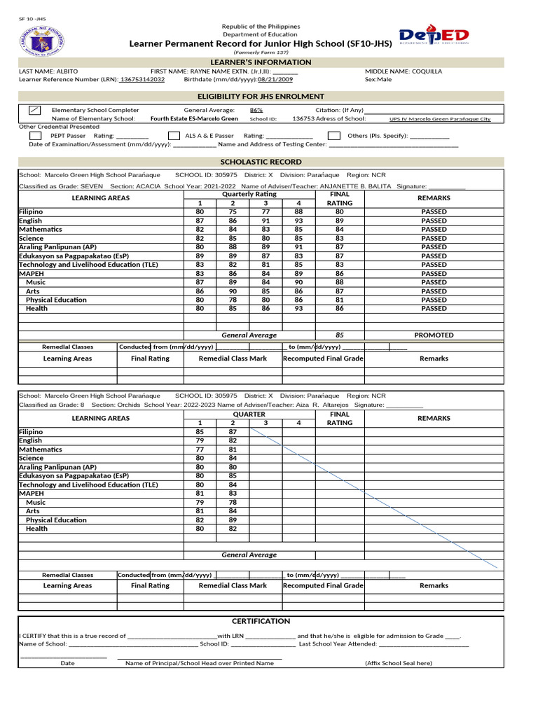 Sf 10 Albito Rayne Coquilla Pdf Educational Stages