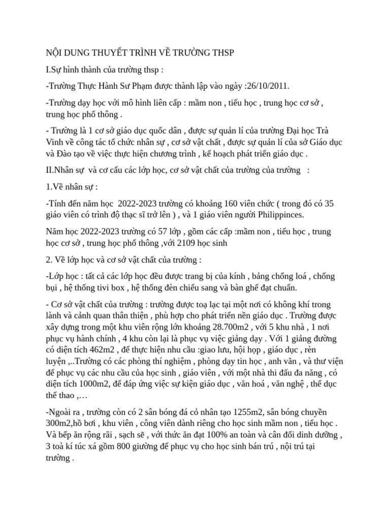 NỘI DUNG THUYẾT TRÌNH VỀ TRƯỜNG THSP | PDF