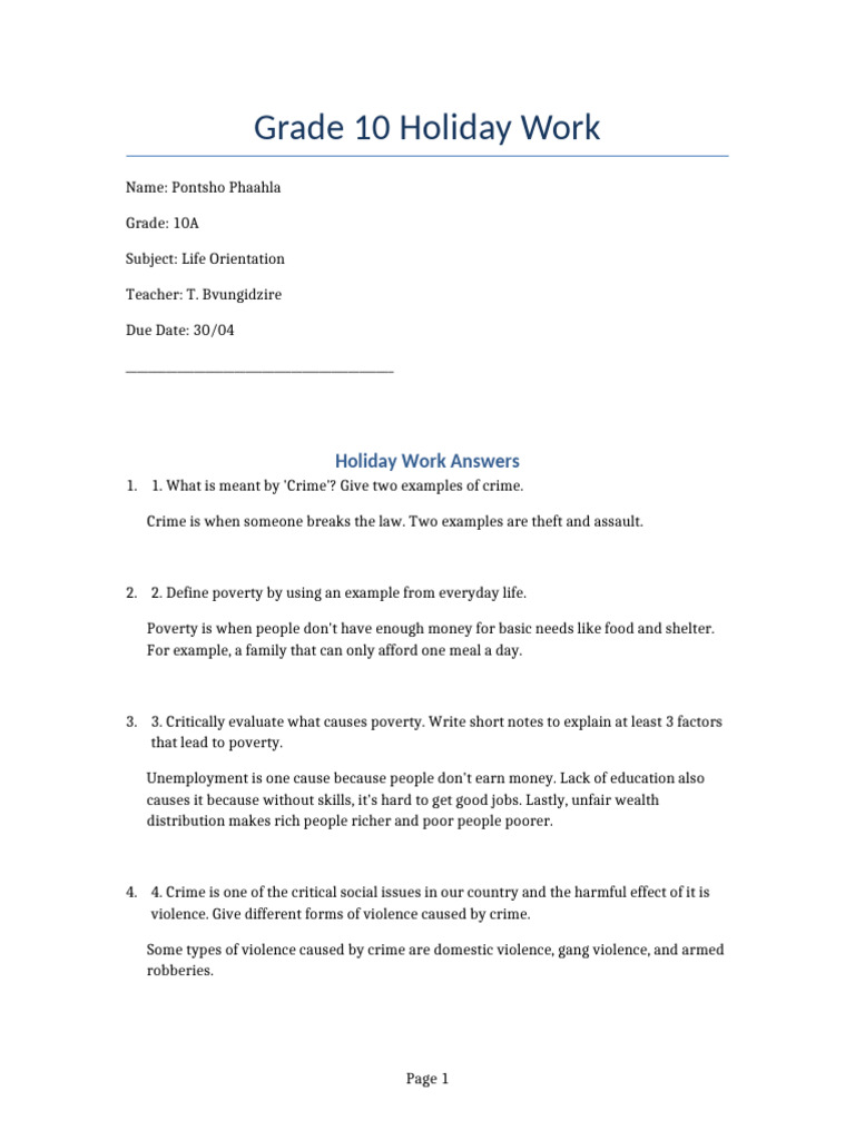 Grade 10 Holiday Work Answers Formatted | PDF