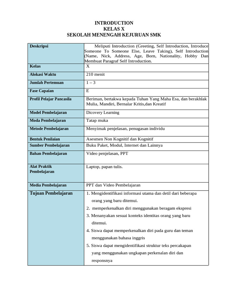 Modul Ajar RPP Self Introduction | PDF