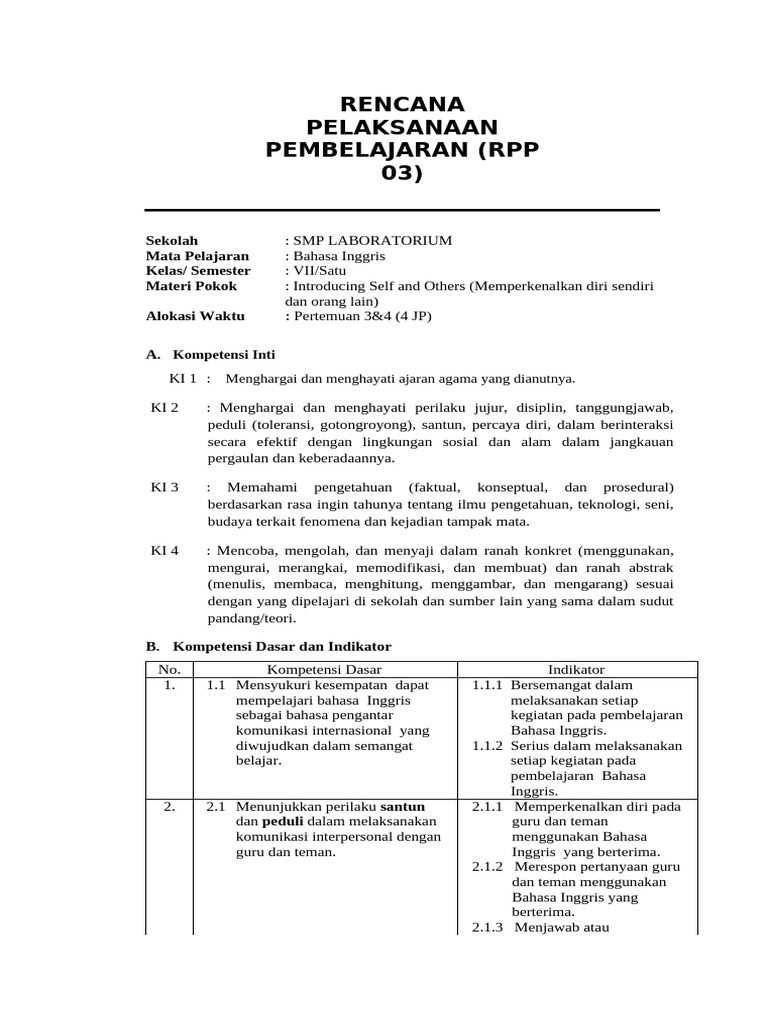 RPP 3 - Introducing Self and Others (FIX) | PDF