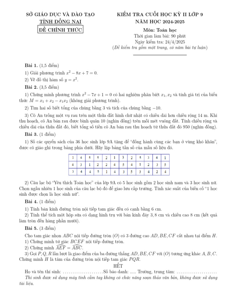 De Kiem Tra Cuoi Hoc Ky 2 Toan 9 Nam 2024 2025 So GDDT Dong Nai | PDF