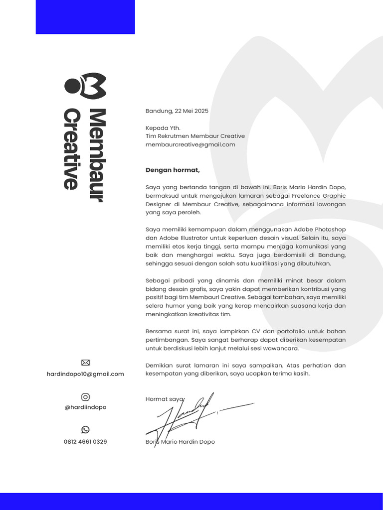 Cover Letter - Boris Mario Hardin Dopo | PDF