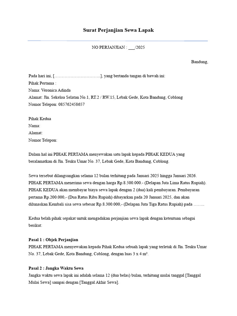 Surat Perjanjian Sewa Lapak | PDF