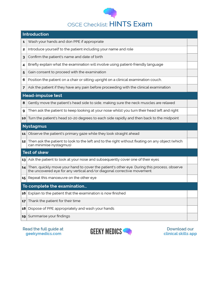 OSCE Checklist HINTS Exam 2 | PDF