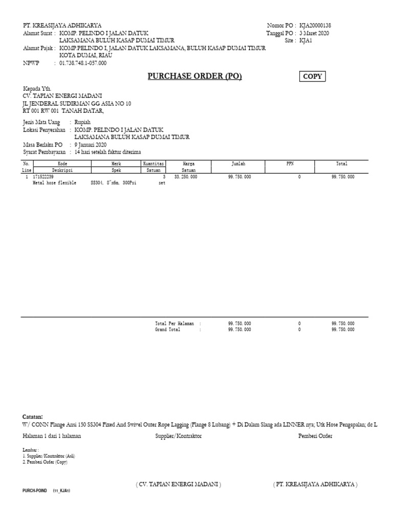 Purchase Order PT Kreasijaya Adhikarya | PDF