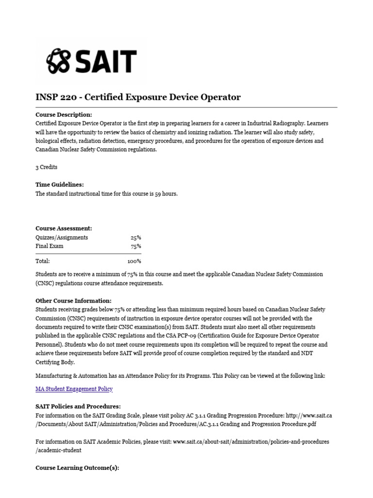 INSP 220 - Certified Exposure Device Operator | PDF | Radiation ...