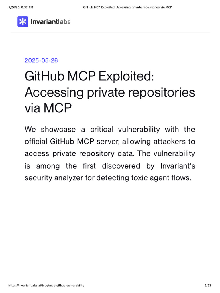 GitHub MCP Exploited - Accessing Private Repositories Via MCP | PDF | Security | Computer Security