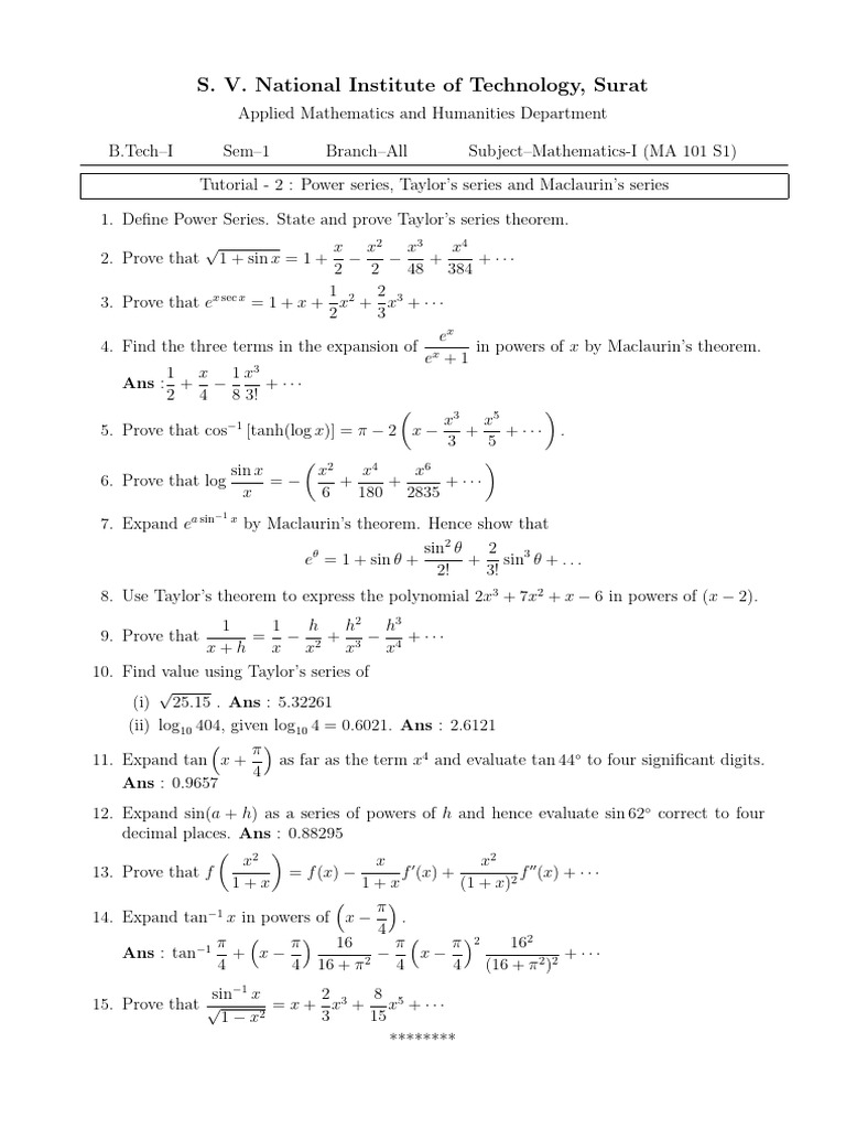 Tutorial 2 - Power Series, Taylor's Series and Maclaurin's Series | PDF | Algebra | Analysis