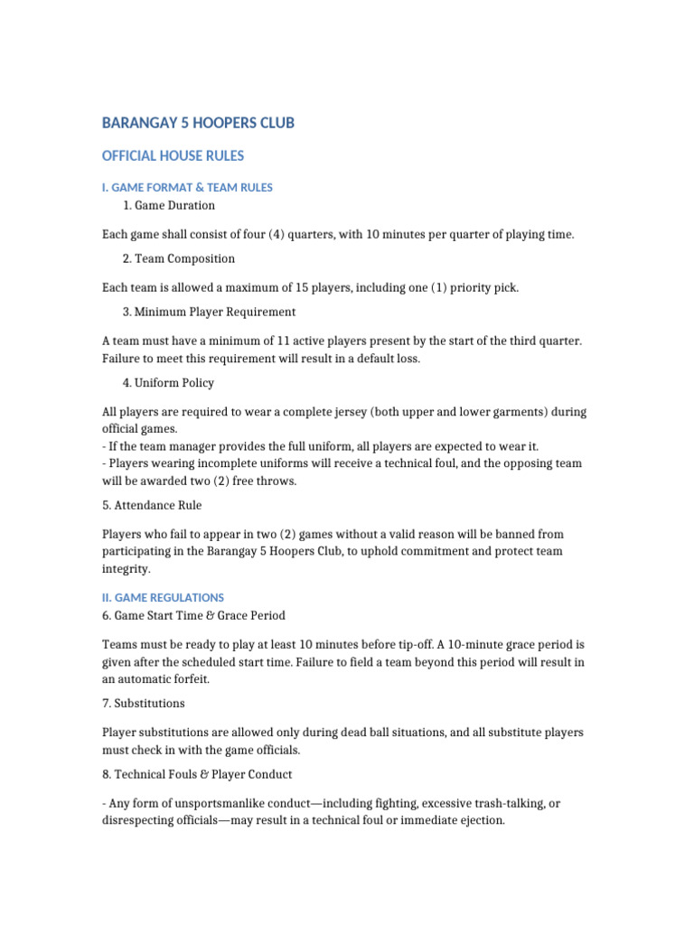 Barangay 5 Hoopers Club House Rules Improved | PDF | Ball Games | Team ...