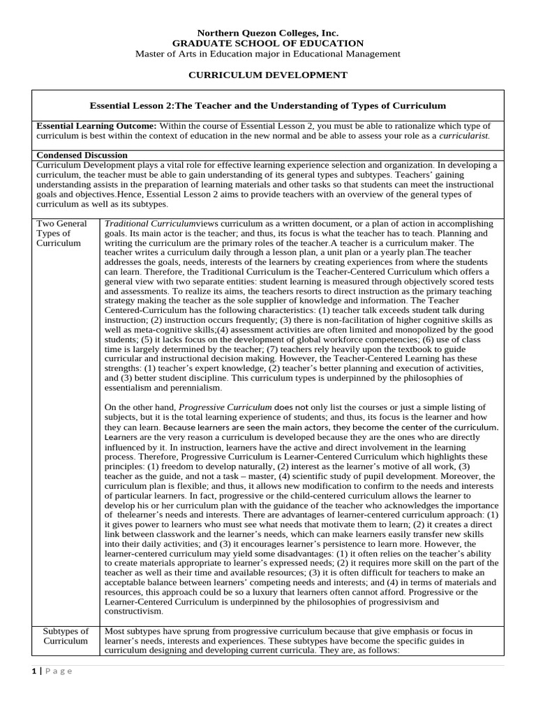 LESSON 2 Curriculum Development | PDF | Curriculum | Learning