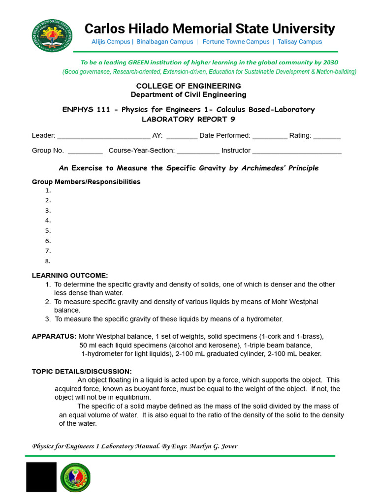 Expt No 9. Density Det by Archimedes - Principle-Lab-Report | PDF | Density | Mechanical Engineering