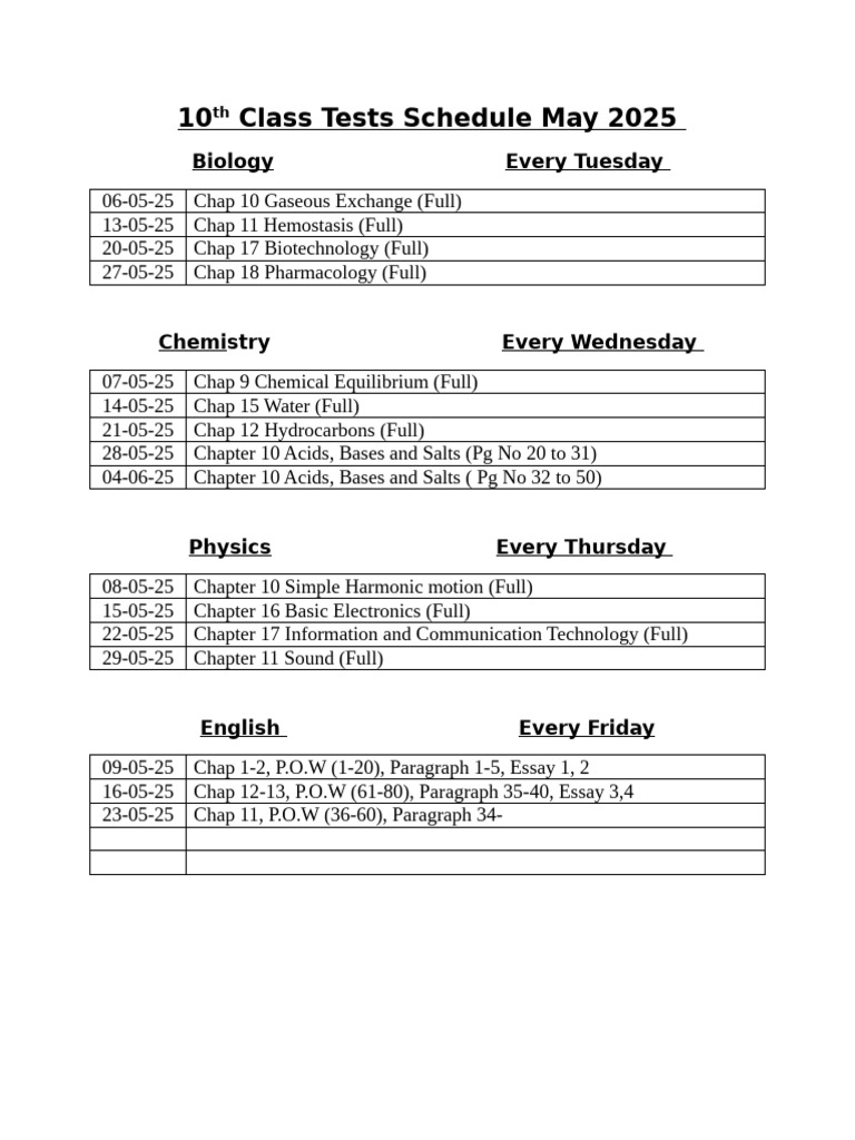10th Class Test Schedule May 2025 | PDF