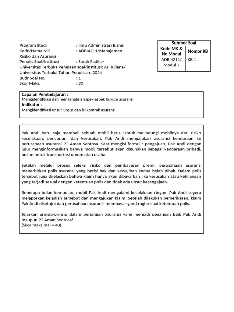 TUGAS 3 - Manajemen Risiko Dan Asuransi ADBI4211 | PDF