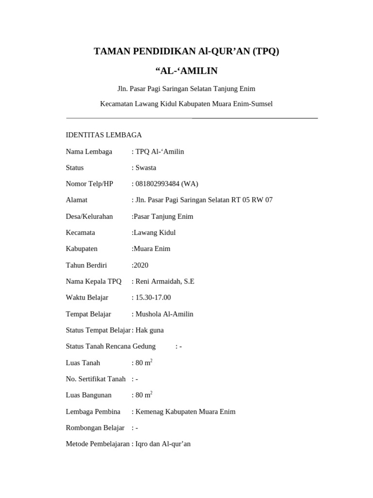 TPQ Al-‘Amilin: Pendidikan Al-Qur'an Tanjung Enim | PDF