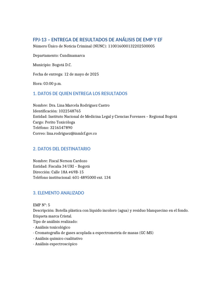 FPJ-13 Entrega Resultados Toxicologia Isabella Castañeda | PDF
