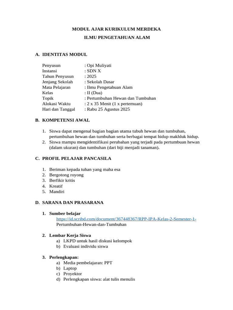 MODUL AJAR KURIKULUM MERDEKA, Opi Muliyati PGSD | PDF