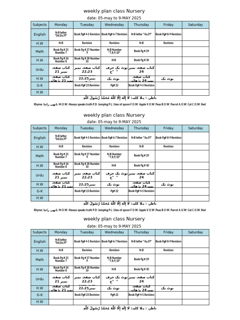 Weekly Subject Plan Nursery 5-9 | PDF