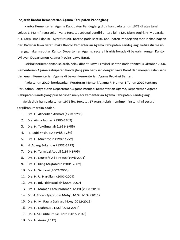 Sejarah2 Kantor Kementerian Agama Kabupaten Pandeglang | PDF
