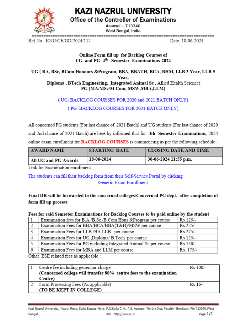 Notice For Backlog Courses - Online Exam Form Fill Up of UG PG - 4th Semester Examinations 2024 ...