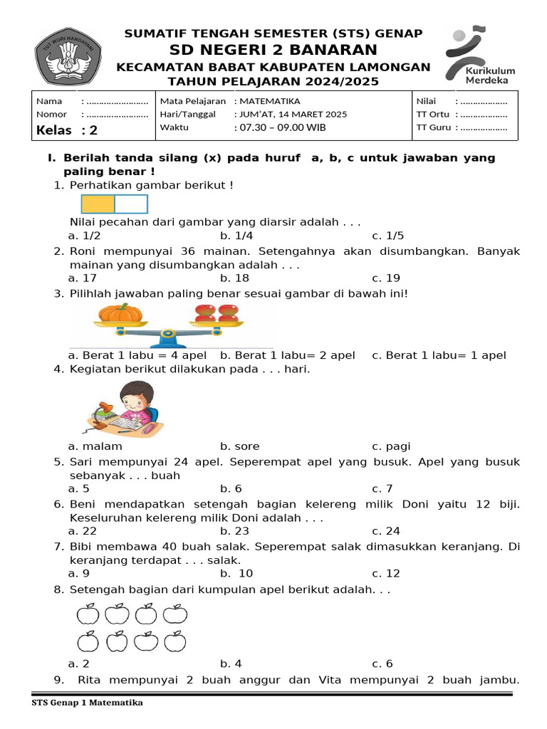STS Genap 2024-2025 Matematika. KLS 2 | PDF
