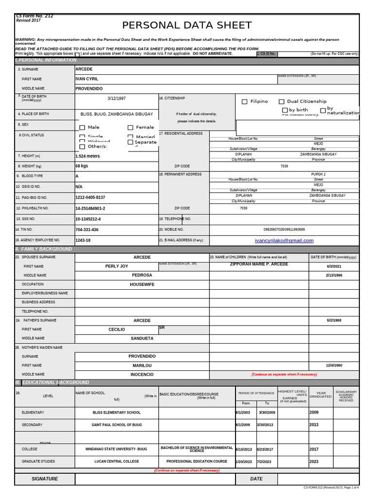Personal Data Sheet Template | PDF | Government