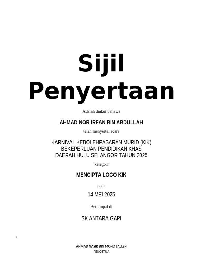 Sijil Penyertaan Logo Kik Irfan | PDF