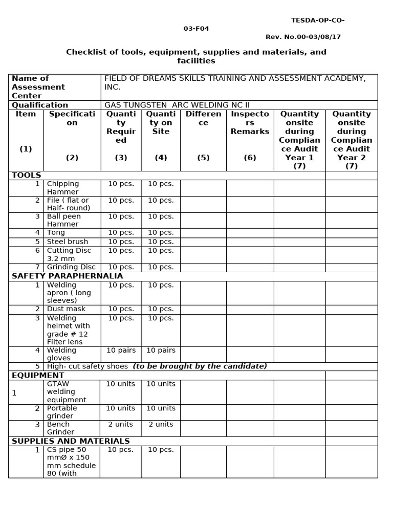 Gas Tungsten Arc Welding Checklist | PDF | Welding | Construction