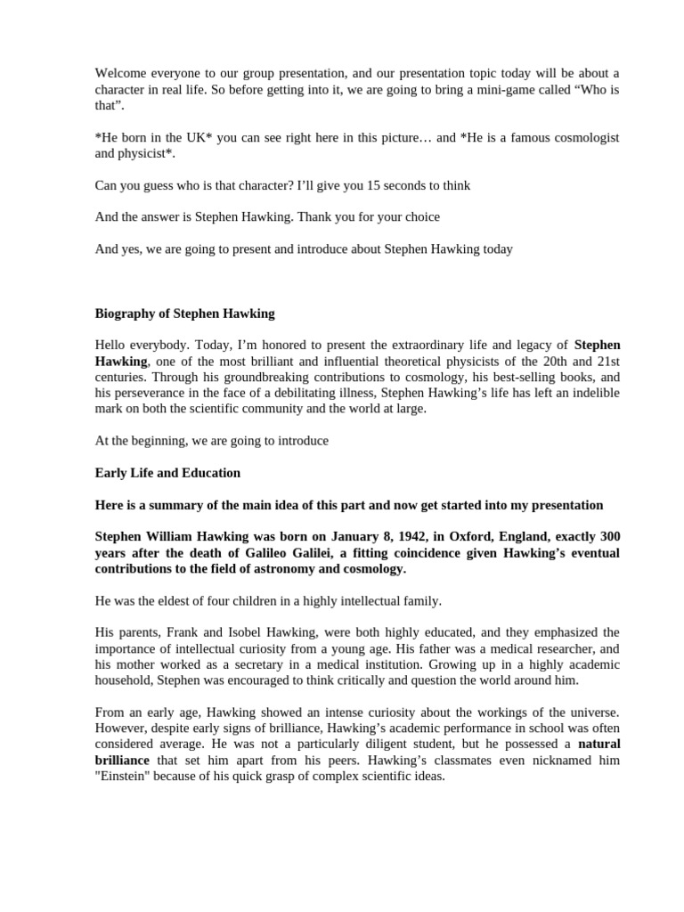 Biography of Stephen Hawking-Presentation | PDF | Stephen Hawking ...