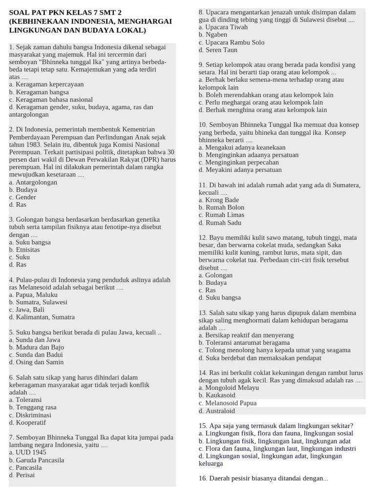 Soal Pat PKN Kelas 7 SMT 2 (Kebhinekaan Dan Budaya Nasional) | PDF