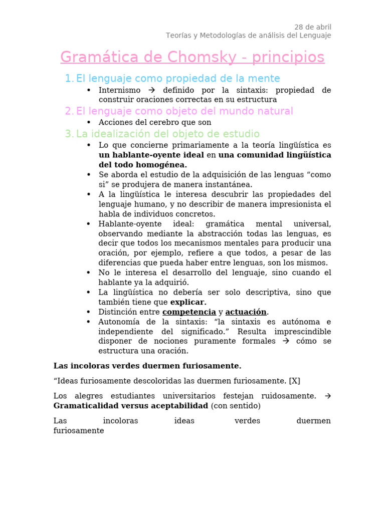 Apuntes Acerca de La Gramática de Chomsky para Estudiantes de Pedagogía ...