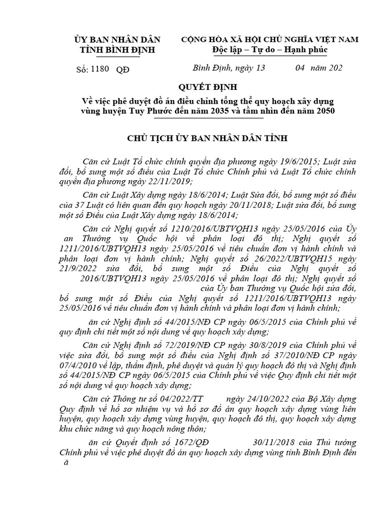 1180 QD Ubnd Phe Duyet Dieu Chinh QHXD Vung Huyen Tuy Phuoc | PDF