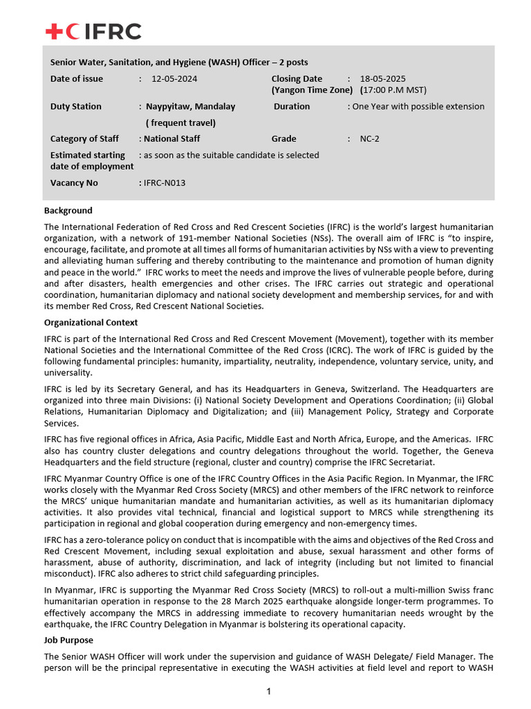 Senior WASH Officer Job Opening in Myanmar | PDF | International ...
