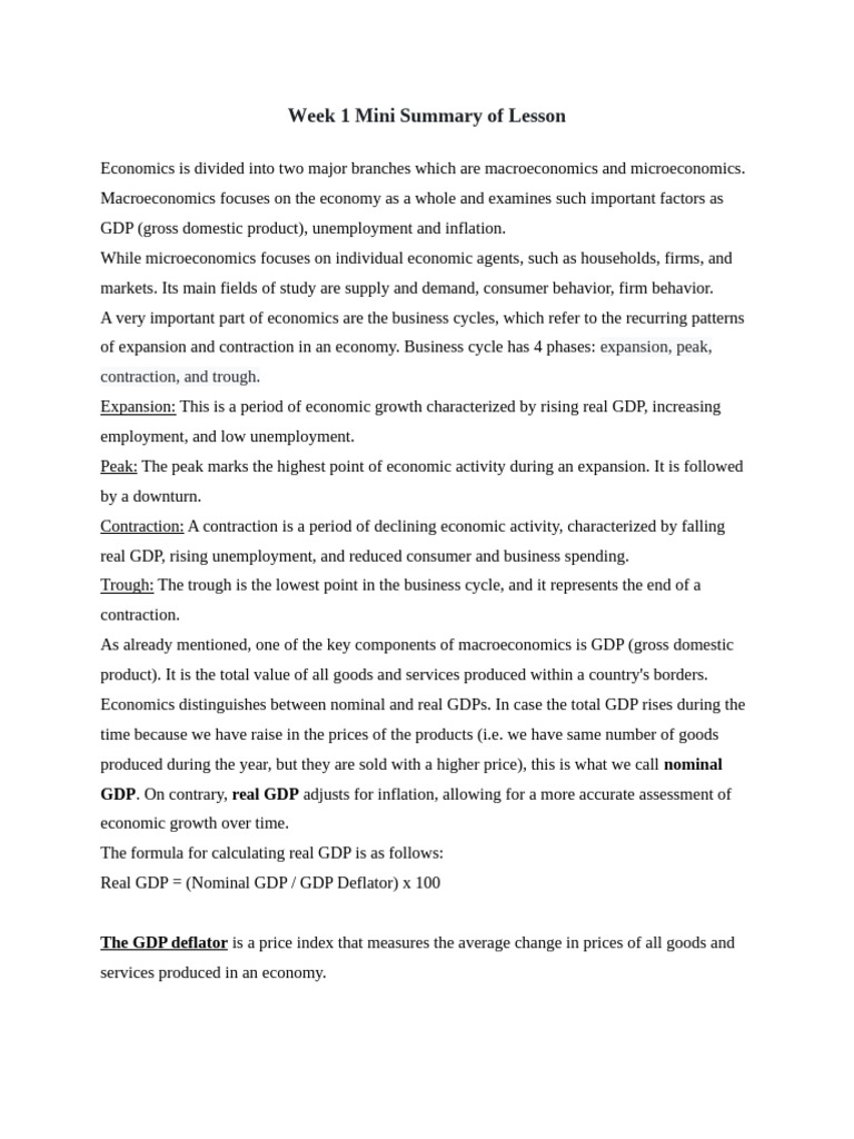 Week 1 Mini Summary Of Lesson Pdf Gross Domestic Product Recession