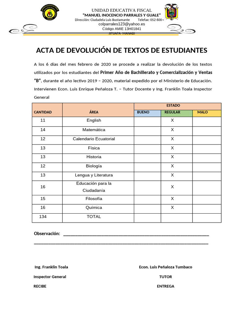 Acta de Devolución de Libros | PDF